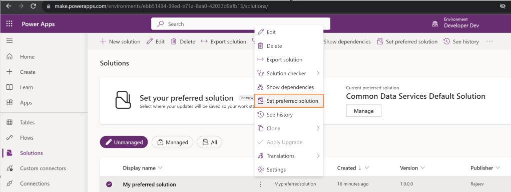 Dataverse | Set the preferred solution (preview) – Rajeev Pentyala ...